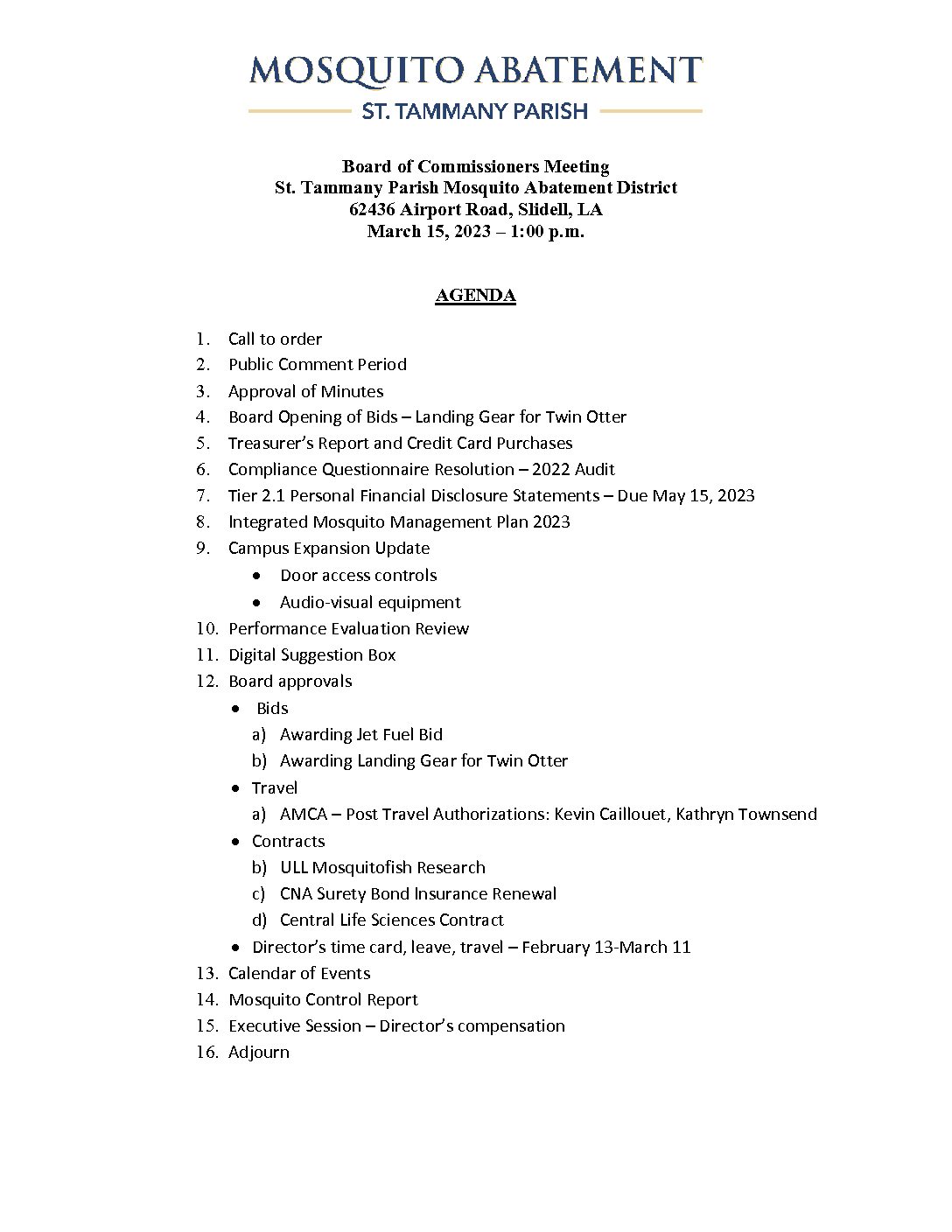 Agenda _03_15_2023 Post – St Tammany Mosquito Abatement